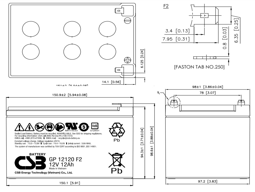 CSB Battery GP12120F2 12V 12AH Blei-Akku (AGM), VdS | ZDIS